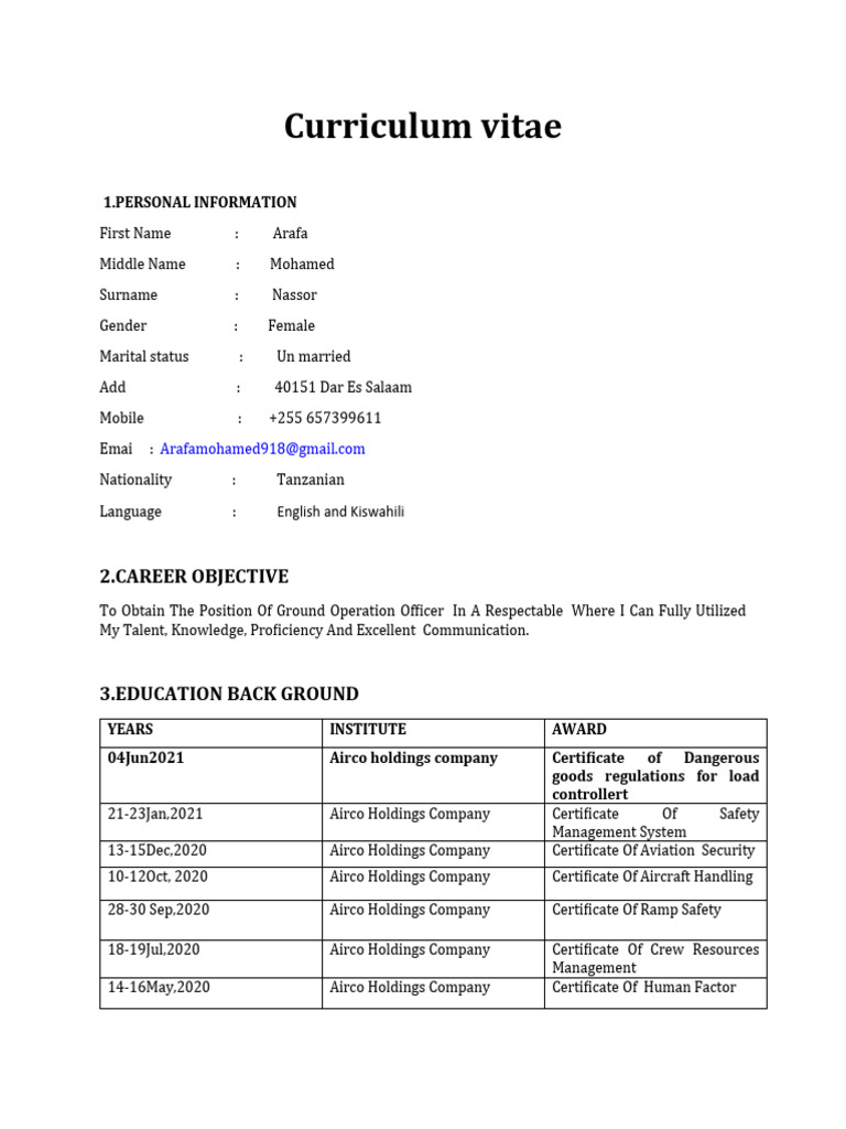 Curriculumn Vitae Arafa | PDF | Tanzania | Aircraft