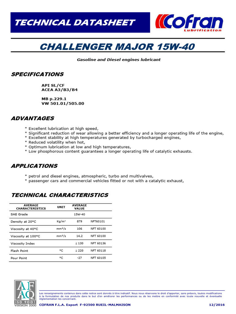 Cofran Challenger Major 15w40 en | PDF | Technologie et ingénierie