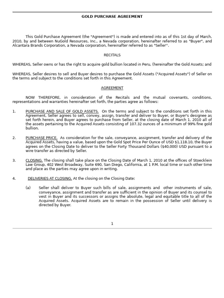 Law Insider Nugold-resources-Inc Gold-purchase-Agreement Filed 21-10 ...
