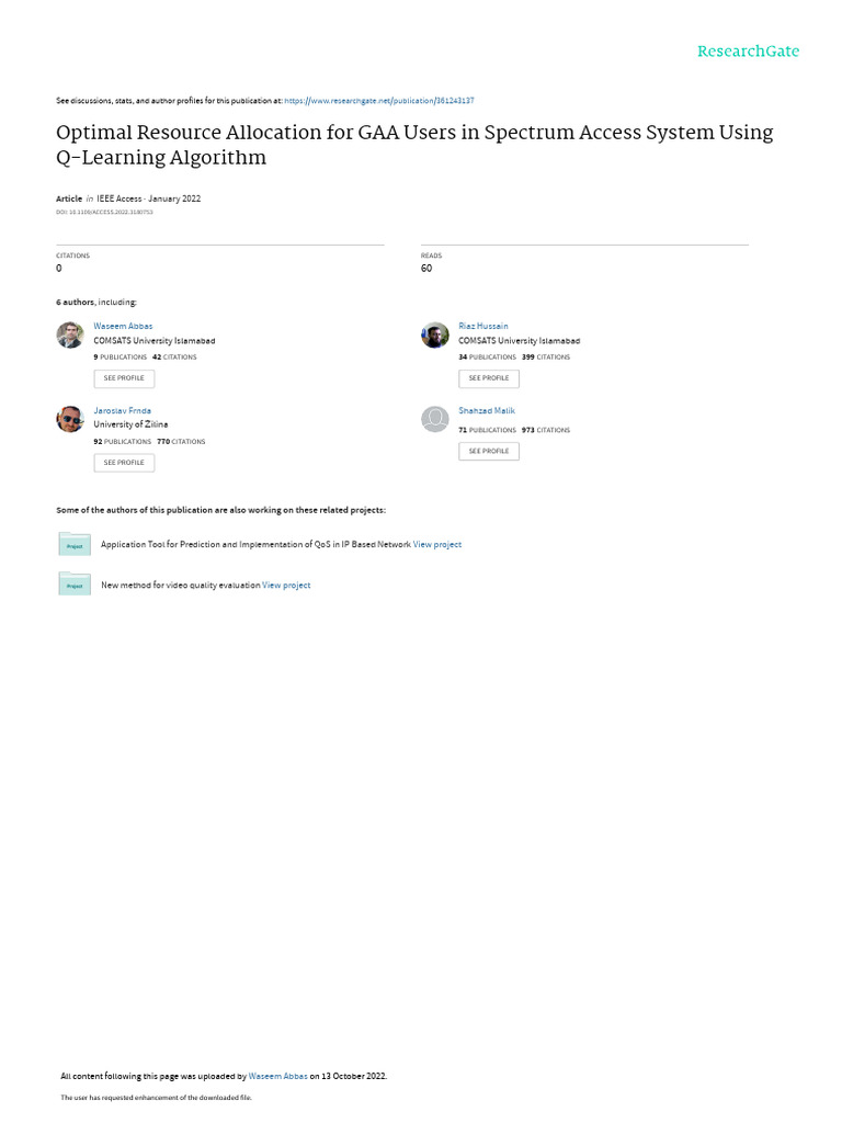 Optimal Resource Allocation For Gaa Users In Spectrum Access System Using Q Learning Algorithm1