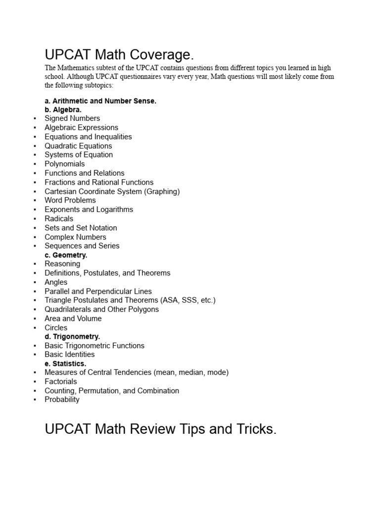 UPCAT Math Coverage | PDF | Mathematics | Trigonometry