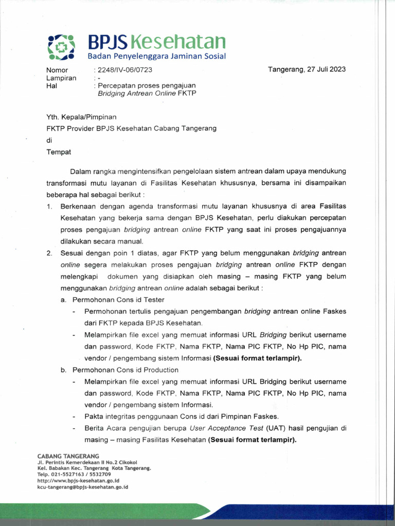 2248 Surat Percepatan Proses Pengajuan Bridging Antrean Online FKTP | PDF