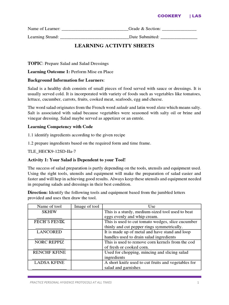 Prepare Salad and Dressings | PDF | Salad | Nutrition