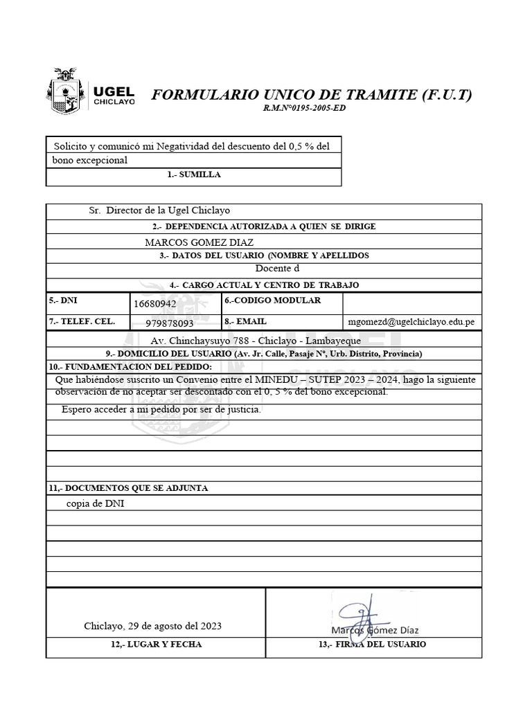 Solicitud en Fut Descuento MGD A Ugel | PDF