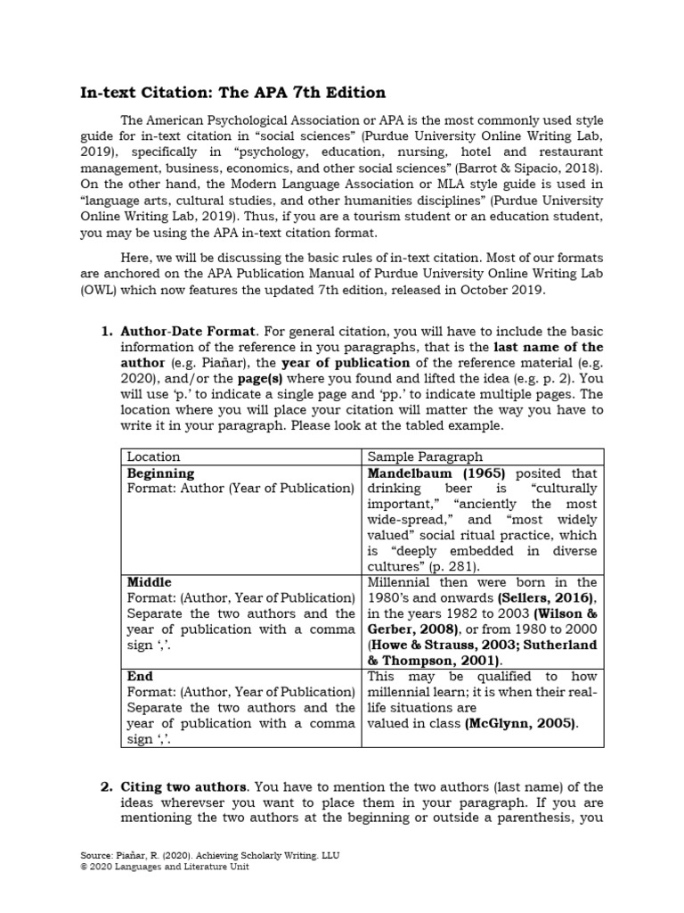 APA 7th Edition In-Text Citations Guide | PDF | Apa Style | Citation