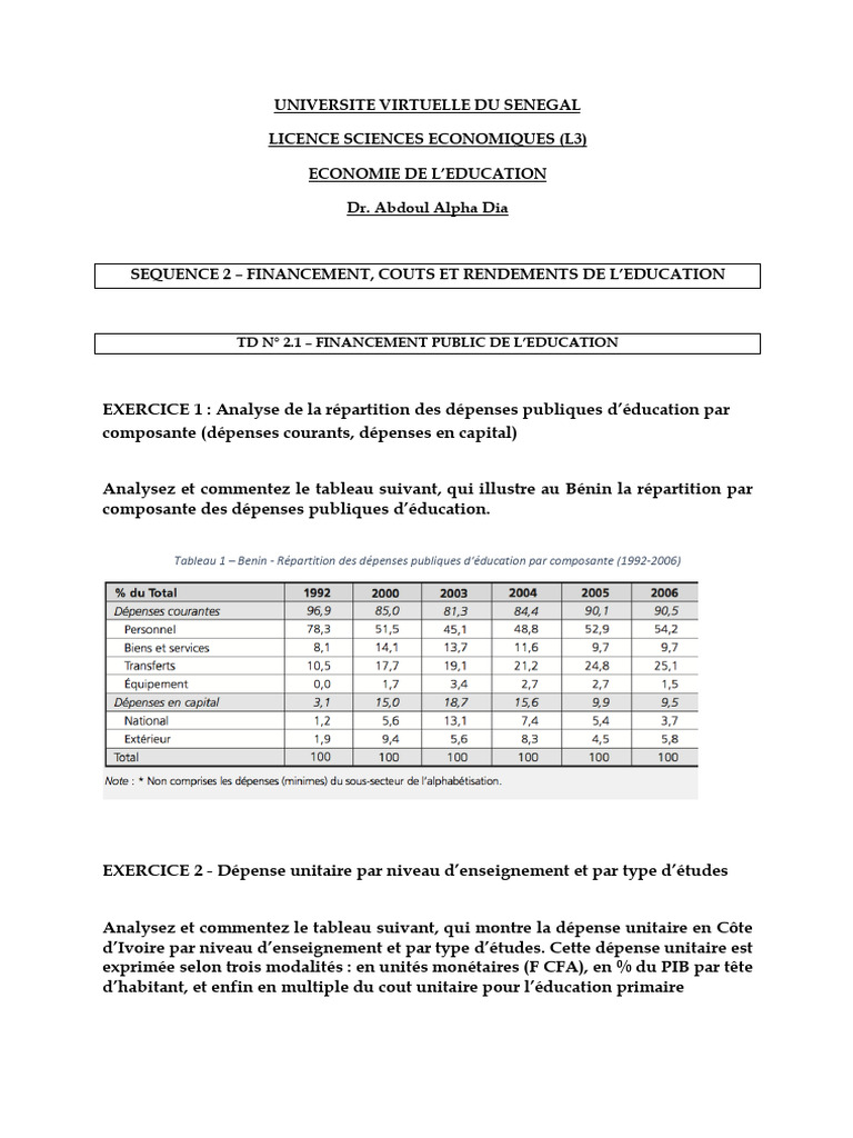 Sequence 2 - TD 2-1 Financement Public de Leducation | PDF