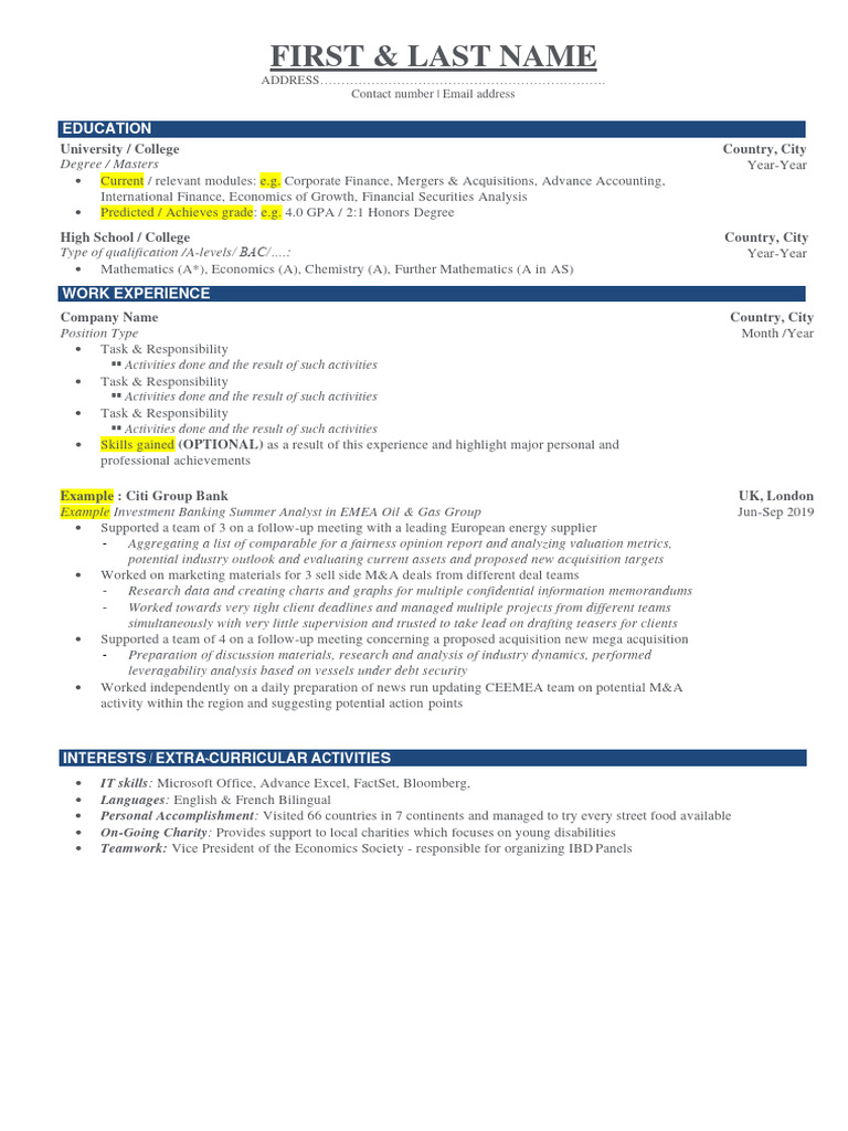 Investment Banking CV Template Guide | PDF | Financial Analyst ...