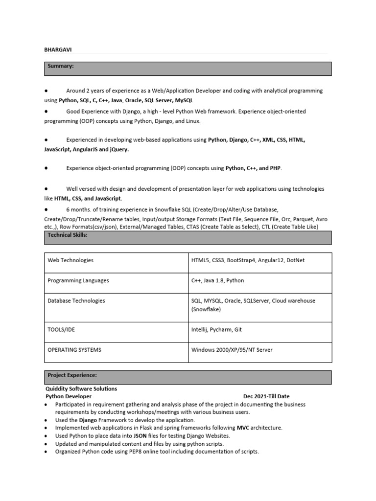 Bhargavi Resume | PDF | Python (Programming Language) | My Sql