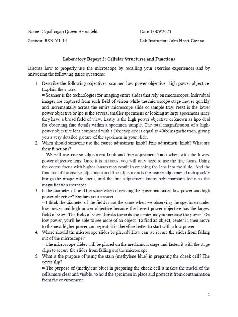 Laboratory Exercise 2 - Worksheet | PDF | Cell (Biology) | Cell Biology