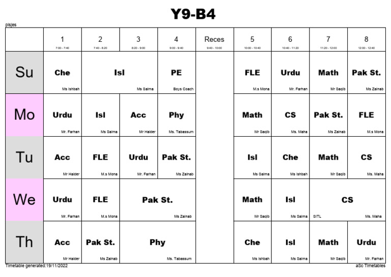 Updated Y9-B4 Timetable 17th Nov | PDF