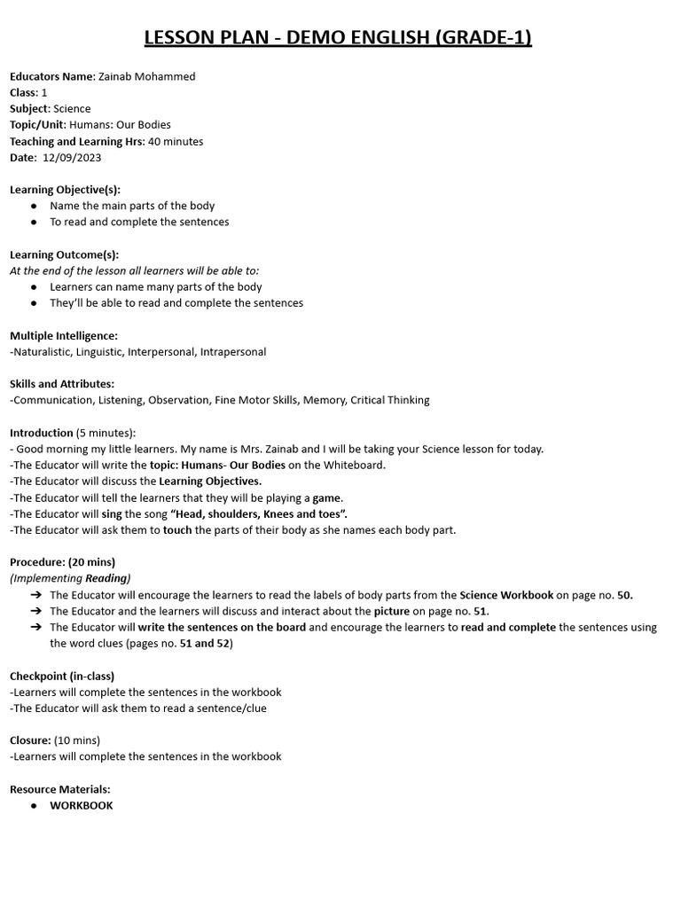 Lesson Plan - Demo Science (Grade-1) | PDF