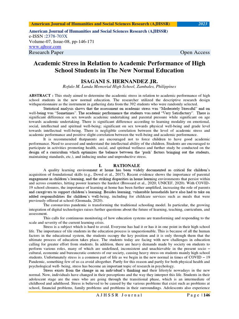 Academic Stress in Relation To Academic Performance of High School Students in The New Normal ...