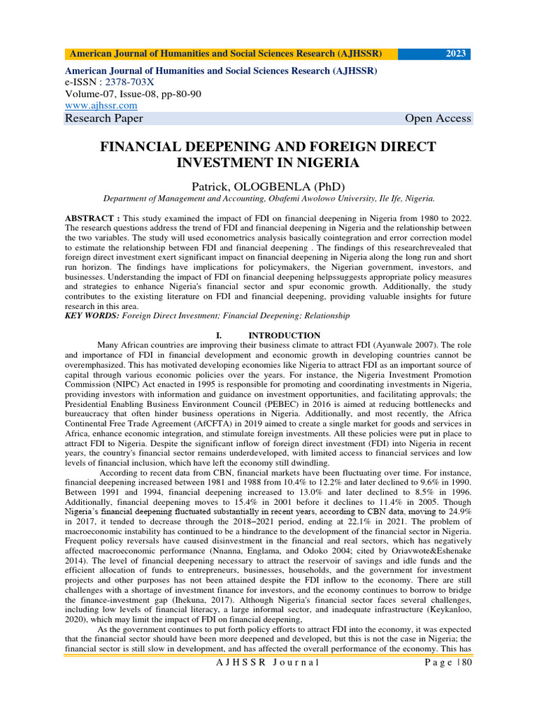 Financial Deepening and Foreign Direct Investment in Nigeria | PDF ...