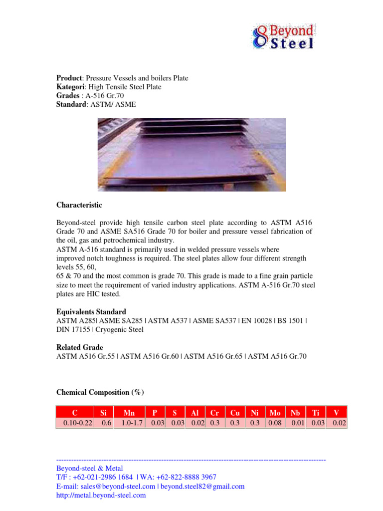 Plate Boiler A516 Grade 70 Datasheet PDF Beyond-Steel | PDF | Steel ...