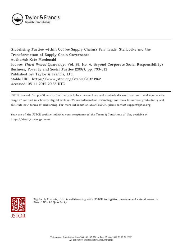 Globalising Justice Within Coffee Supply Chains? Fair Trade, Starbucks and The Transformation of ...
