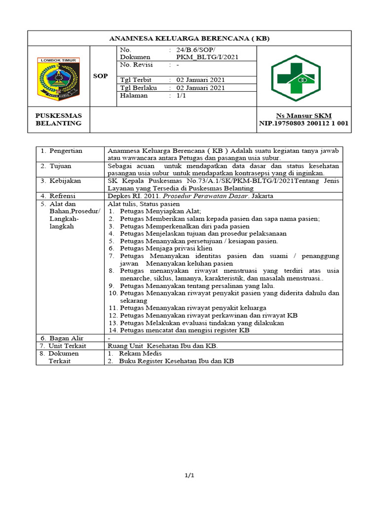 Sop Anamnese KB | PDF | Kesehatan Holistik | Sains & Matematika