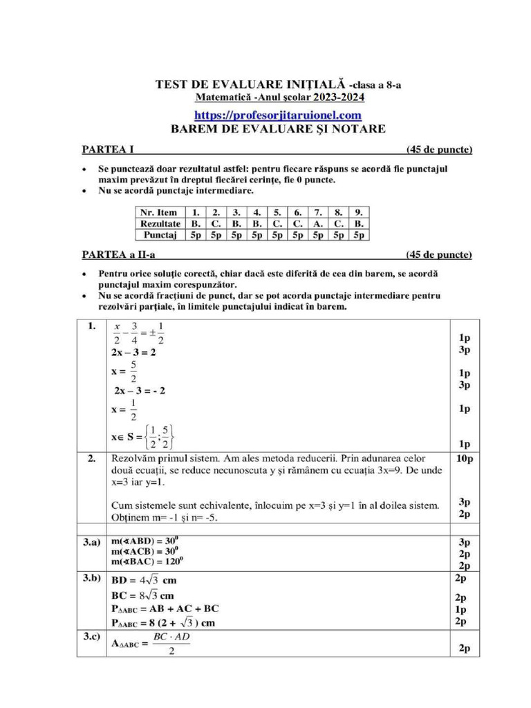 Rezolvare Barem de Corectare Test Initial Matematica Clasa A 8 A An ...
