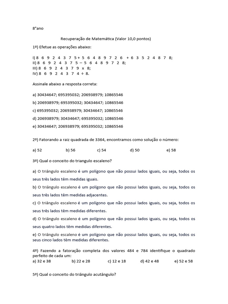8º ANO Prova de Recuperação de Matematica - 2 UNIDADE 2023 | PDF ...