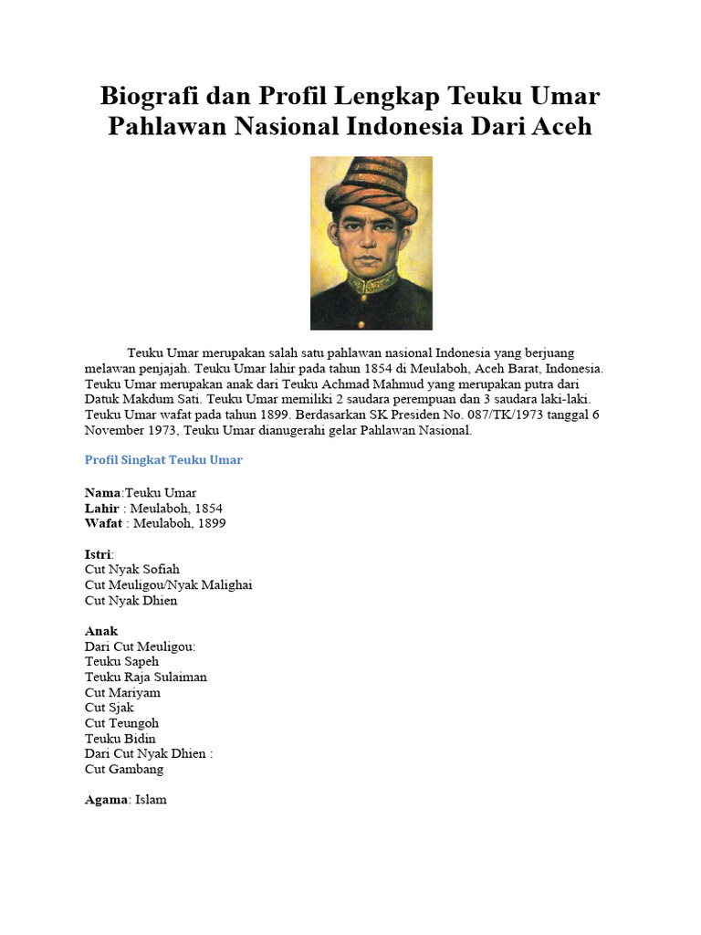 Biografi Dan Profil Lengkap Teuku Umar Pahlawan Nasional Indonesia Dari Aceh | PDF