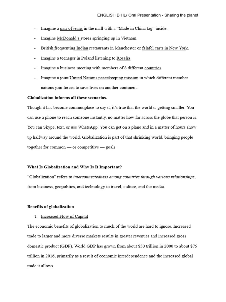 ENGLISH B HL - Oral Presentation - Globalization | PDF