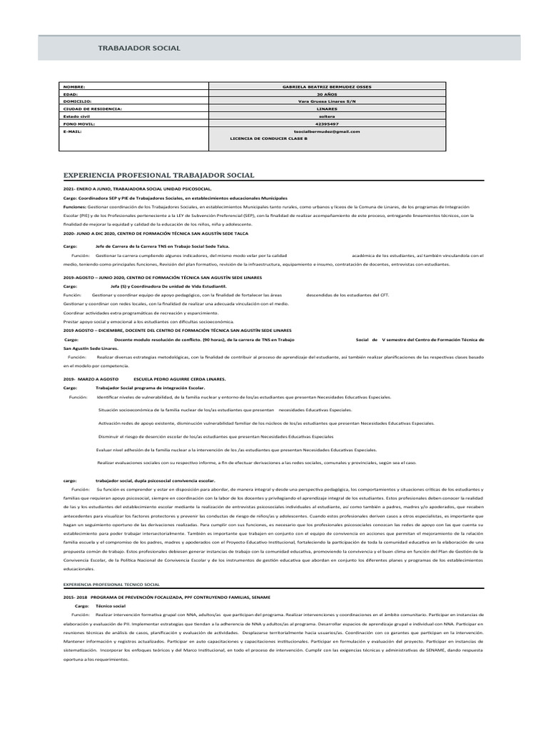 CV Gabriela 2021 Vara Gruesa | PDF | Trabajo Social | Evaluación