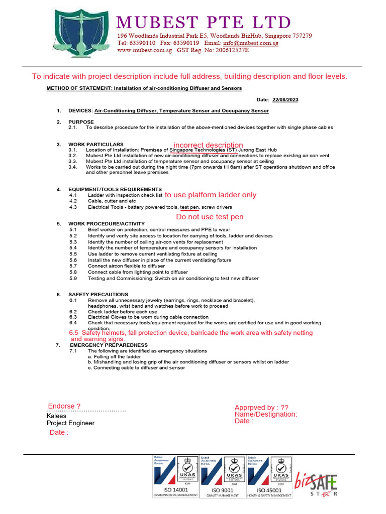 2.1 Method of Statement - Installation of Aircon Diffuser and Sensors ...