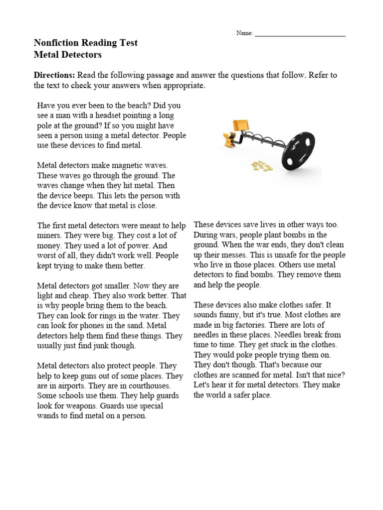 Nonfiction Reading Test Metal Detectors | PDF | Metal Detector
