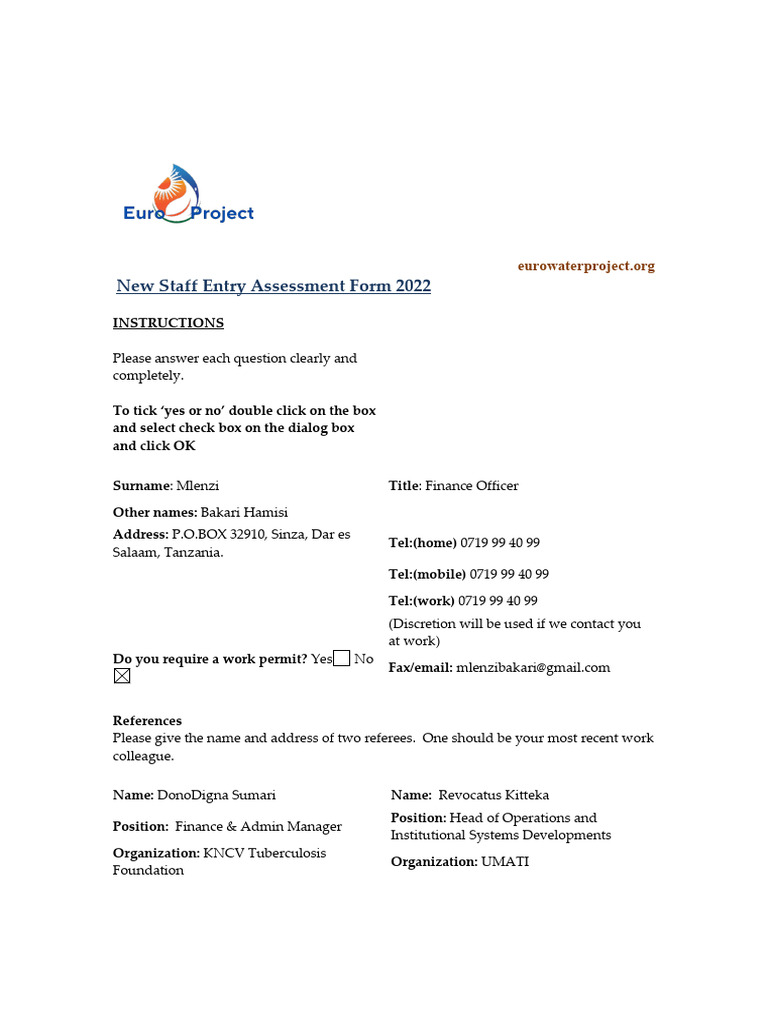 New Staff Entry Assessment form-EURO WATER PROJECT | PDF | Public Law | Justice