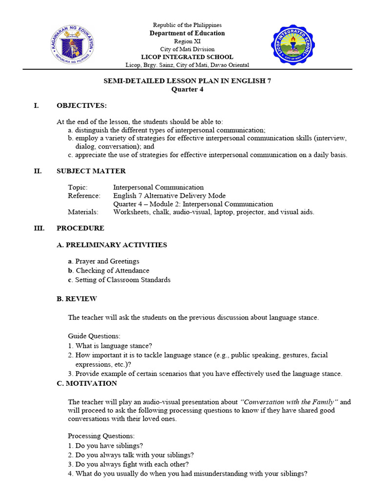 Lesson Plan For Interpersonal Communication | PDF | Communication ...