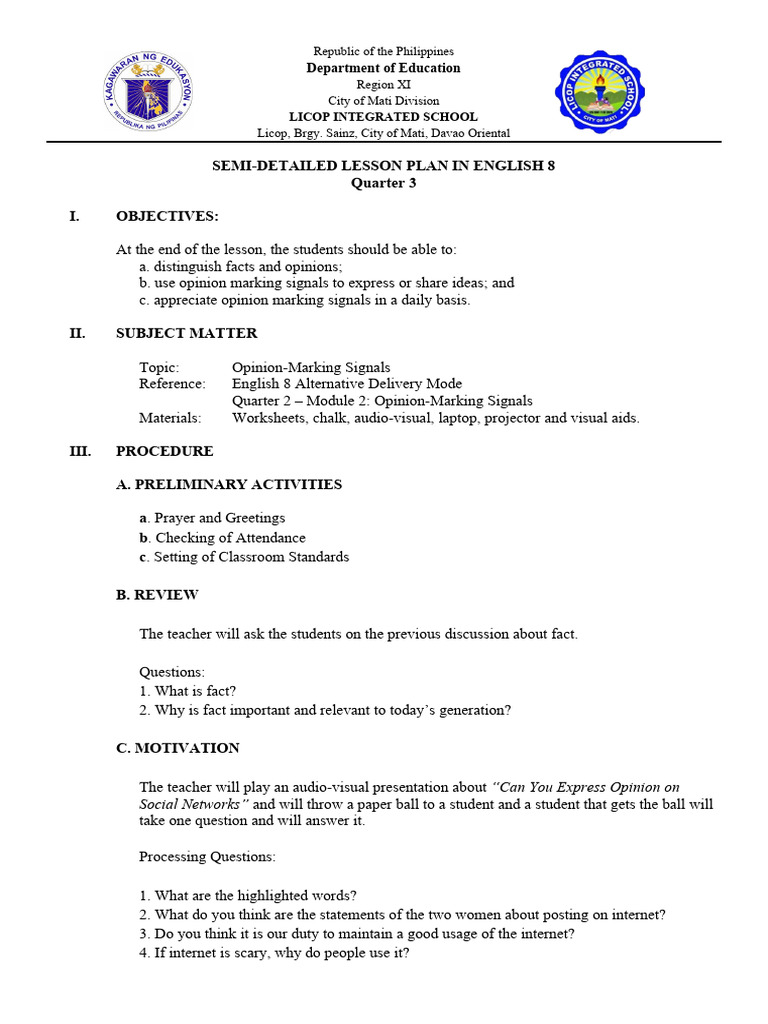 Lesson Plan For Opinion Marking Signals | PDF | Paragraph | Human ...