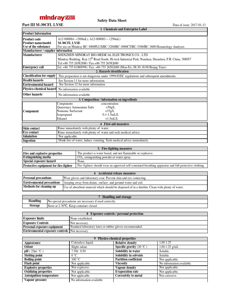 MSDS Mindray M-30 Lyse | PDF | Safety | Occupational Safety And Health
