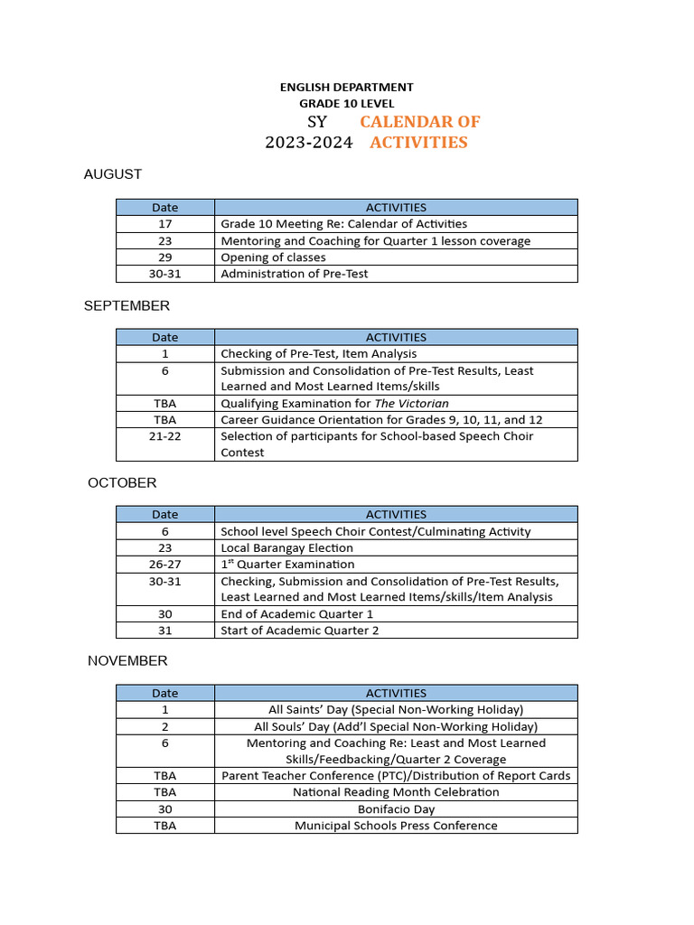 Grade 10 Calendar of Activities | PDF | Christian Festivals And Holy ...