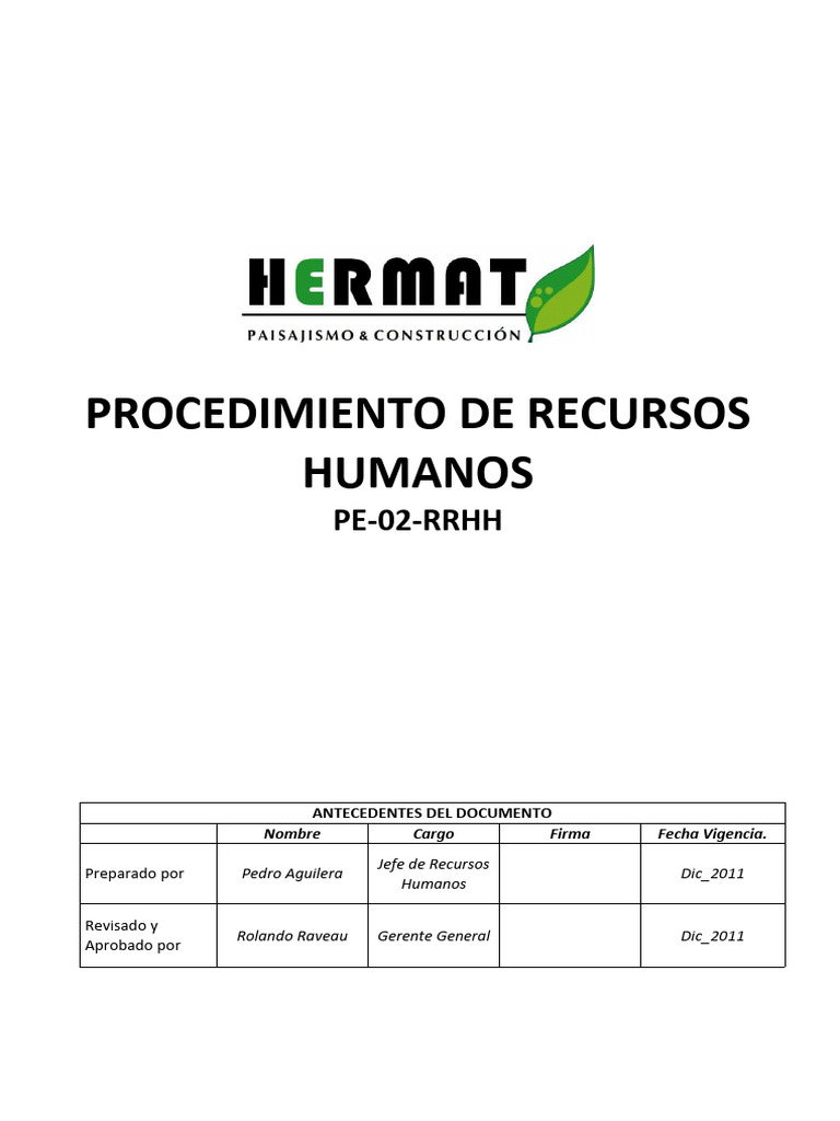 Pe-02-Rrhh - Procedimiento de Recursos Humanos | PDF | Gestión de recursos humanos | Derecho laboral
