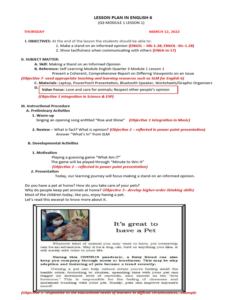 CO1 LESSON PLAN IN ENGLISH 6 Q3 Week 1 For Demo Teaching by Jenrap | PDF | Learning | Lesson Plan