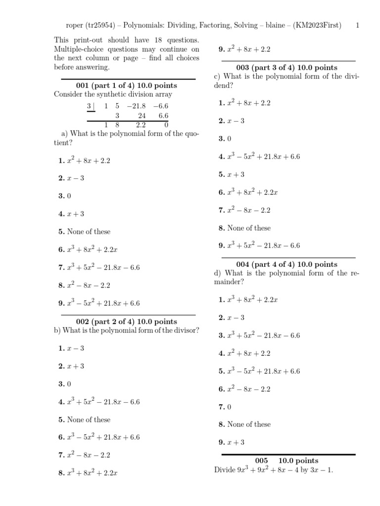 Polynomials Dividing Factoring Solving Problems Pdf Quadratic Equation Factorization