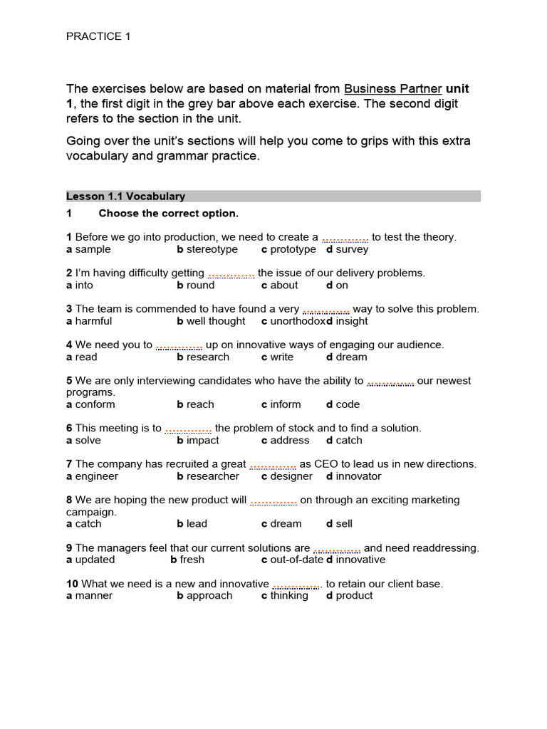 Business Partner Vocabulary and Grammar Exercises | PDF | Cognition ...