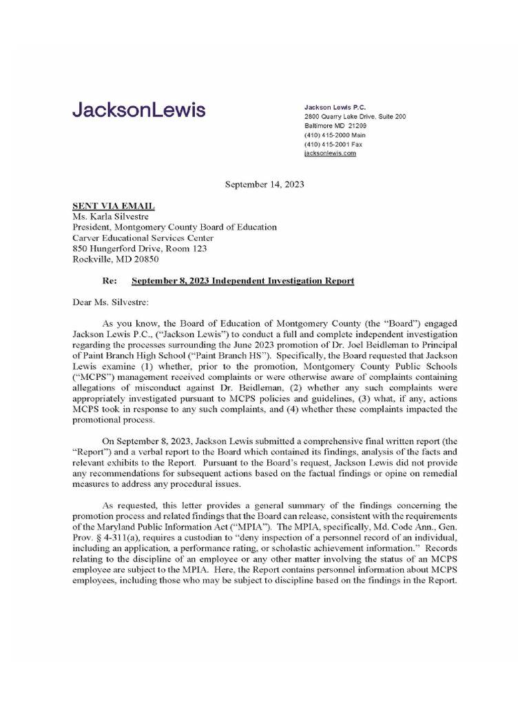 MOCO BOE Release Summary Report On Investigation Into Promotion of Dr ...