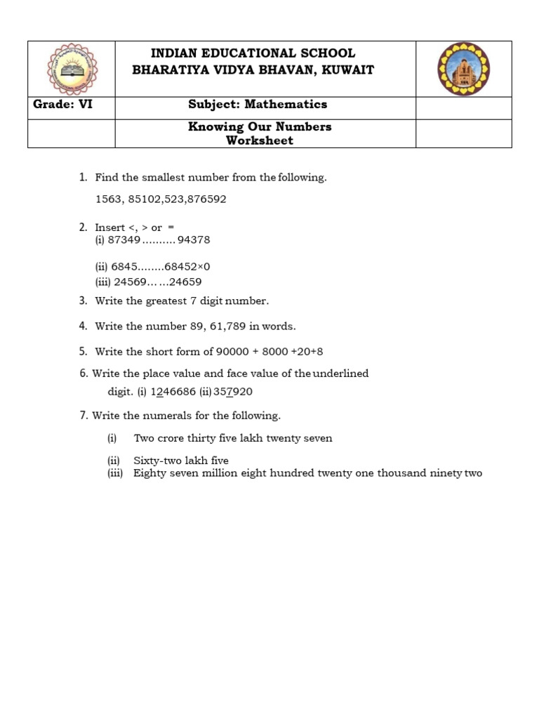 Worksheet - Class 6 Knowing Our Numbers-1 | PDF