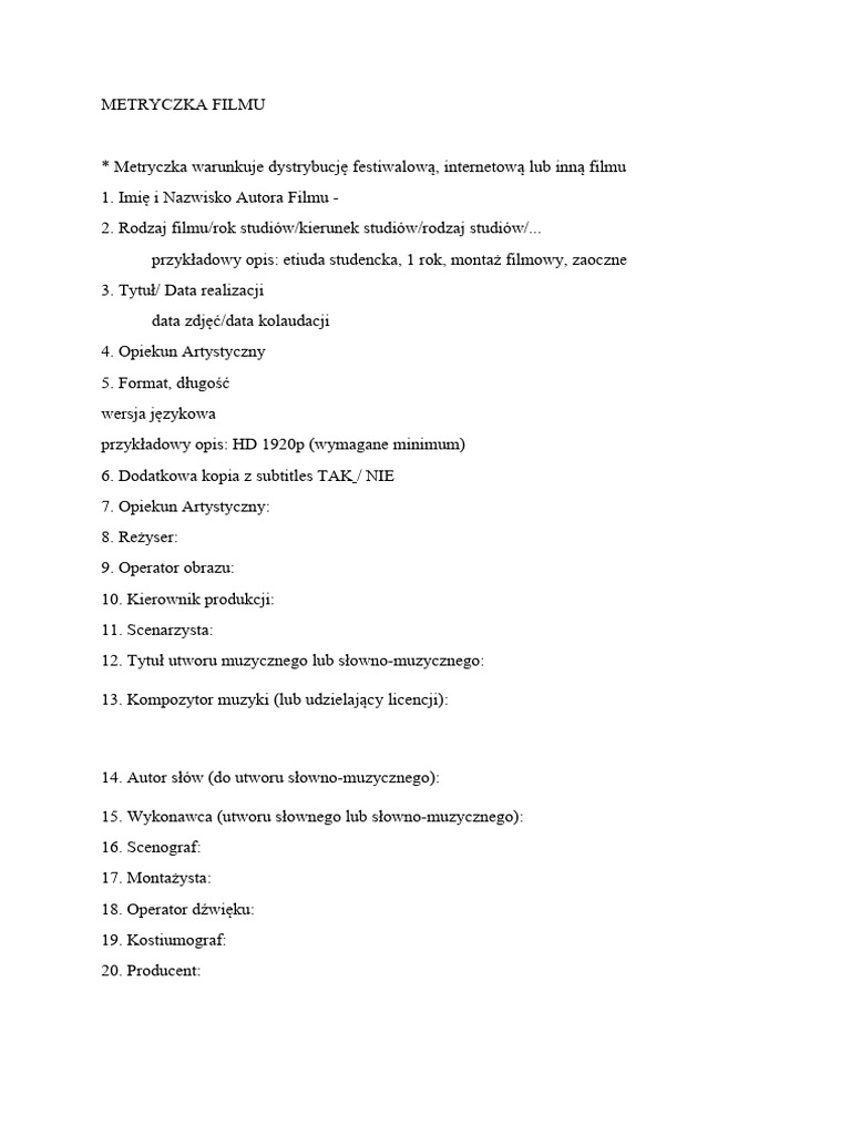 Metryka Filmu Wsf-2 | PDF