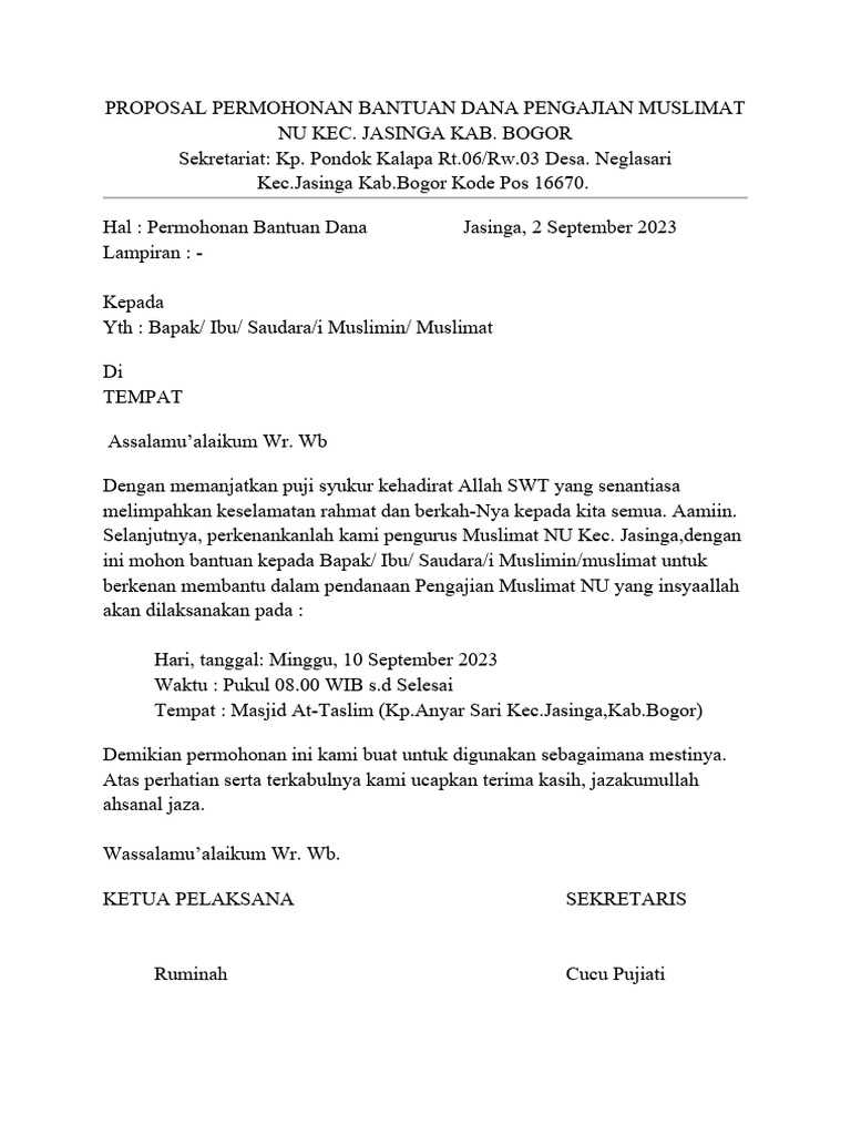 Proposal Permohonan Bantuan Dana Pengajian Muslimat Nu Kec | PDF