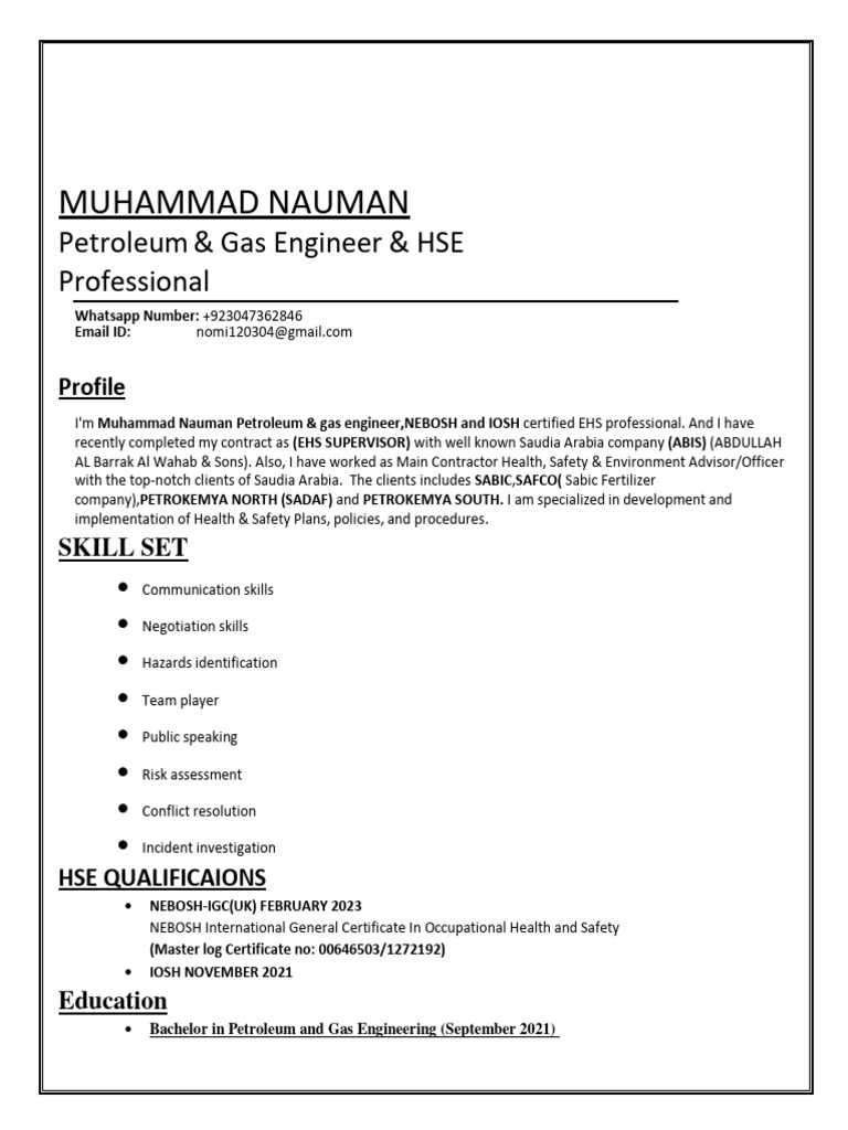 Muhammad Nauman (CV) ... | PDF | Safety | Occupational Safety And Health