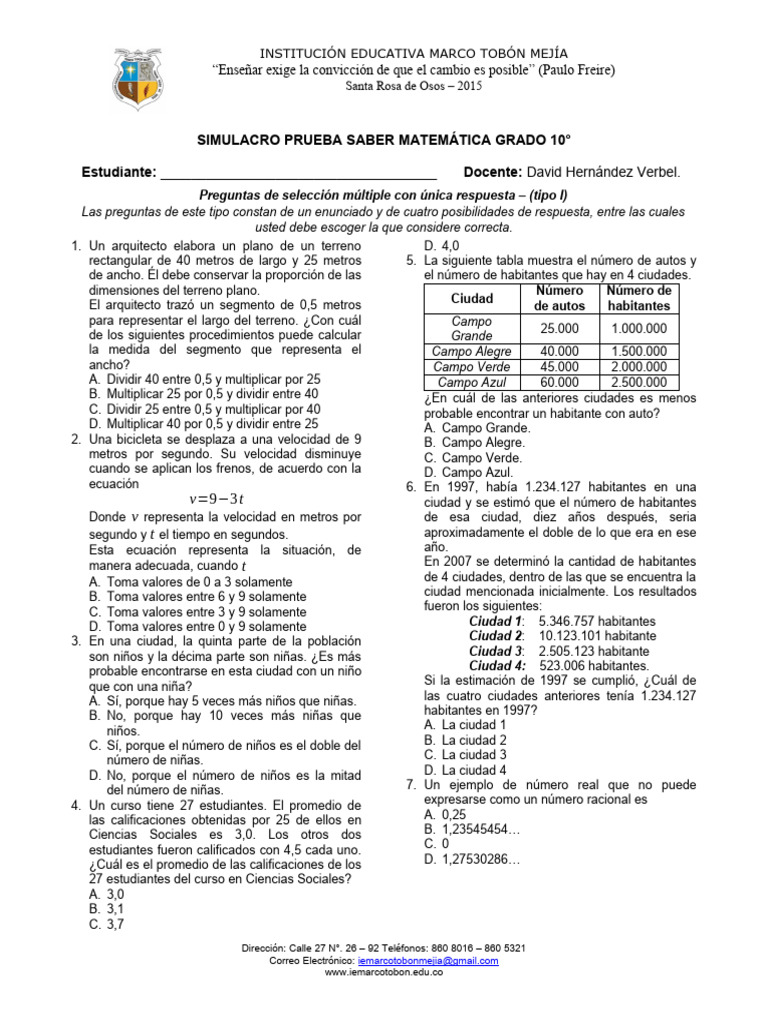 Simulacro Matemáticas Décimo Grado | PDF | Velocidad
