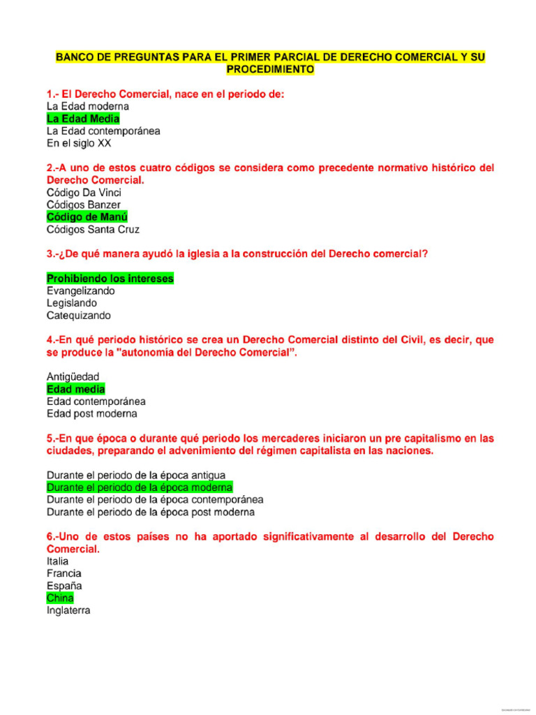 Respuestas de Banco de Preguntas Derecho Comercial | PDF