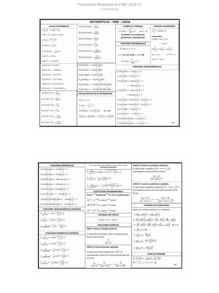 Formulario Matematicas Fime 2018 v7 - Compress | PDF | Matemática ...