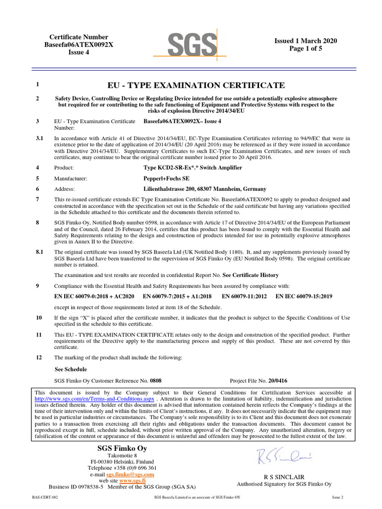 Certificat ATEX barrière SI KCD2-SR-ExX.X | PDF | Electrical ...
