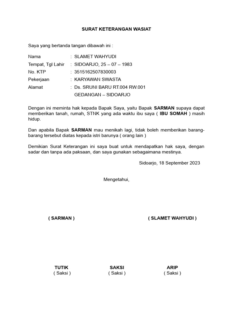 Surat Keterangan Wasiat | PDF
