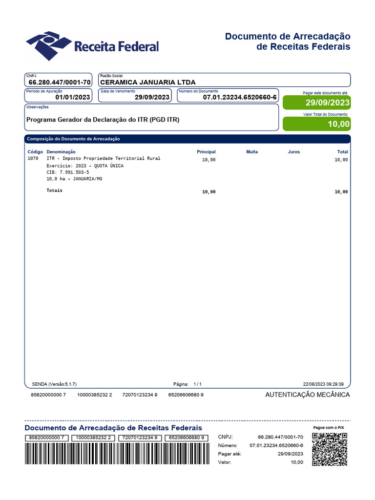 Documento de Arrecadação ITR 2023 | PDF | Impostos | Finanças ...