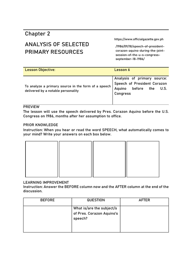 Chapter 2 Lesson 6 Analysis of Primary Source Speech of President ...