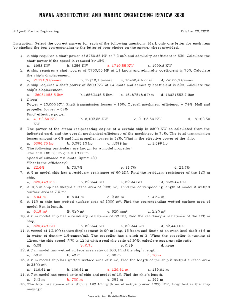 Marine Exam 1 Answer Key | PDF | Friction | Propeller