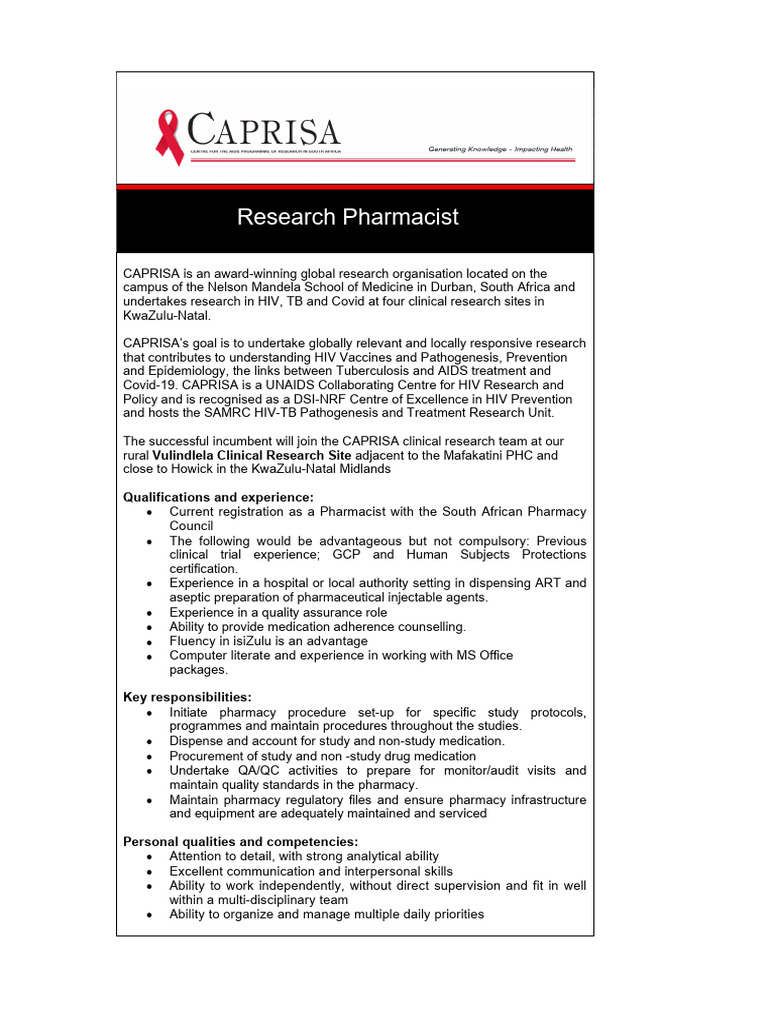 Research Pharmacist Advert | PDF | Pharmacy | Clinical Trial